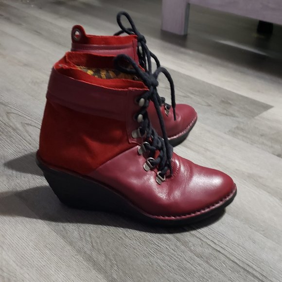 Fly London | Shoes | Fly London Wine Red Leather Lace Up Wedge Booties ...